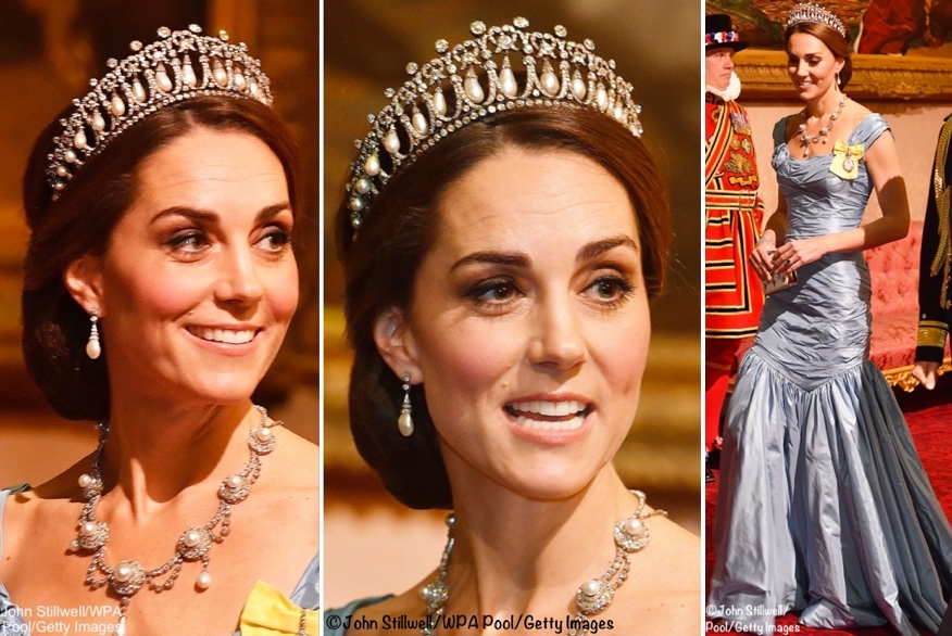 Kate Tiara Lover’s Knot Netherlands State Dinner Icy Blue Ruched ...
